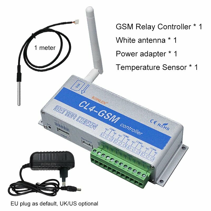 CL4 GSM-реле-контроллер с датчиком температуры и влажности SMS-удаленное управление выключателем питания 4-канальный умный домашний прибор автоматизация - с 1 датчиком температуры