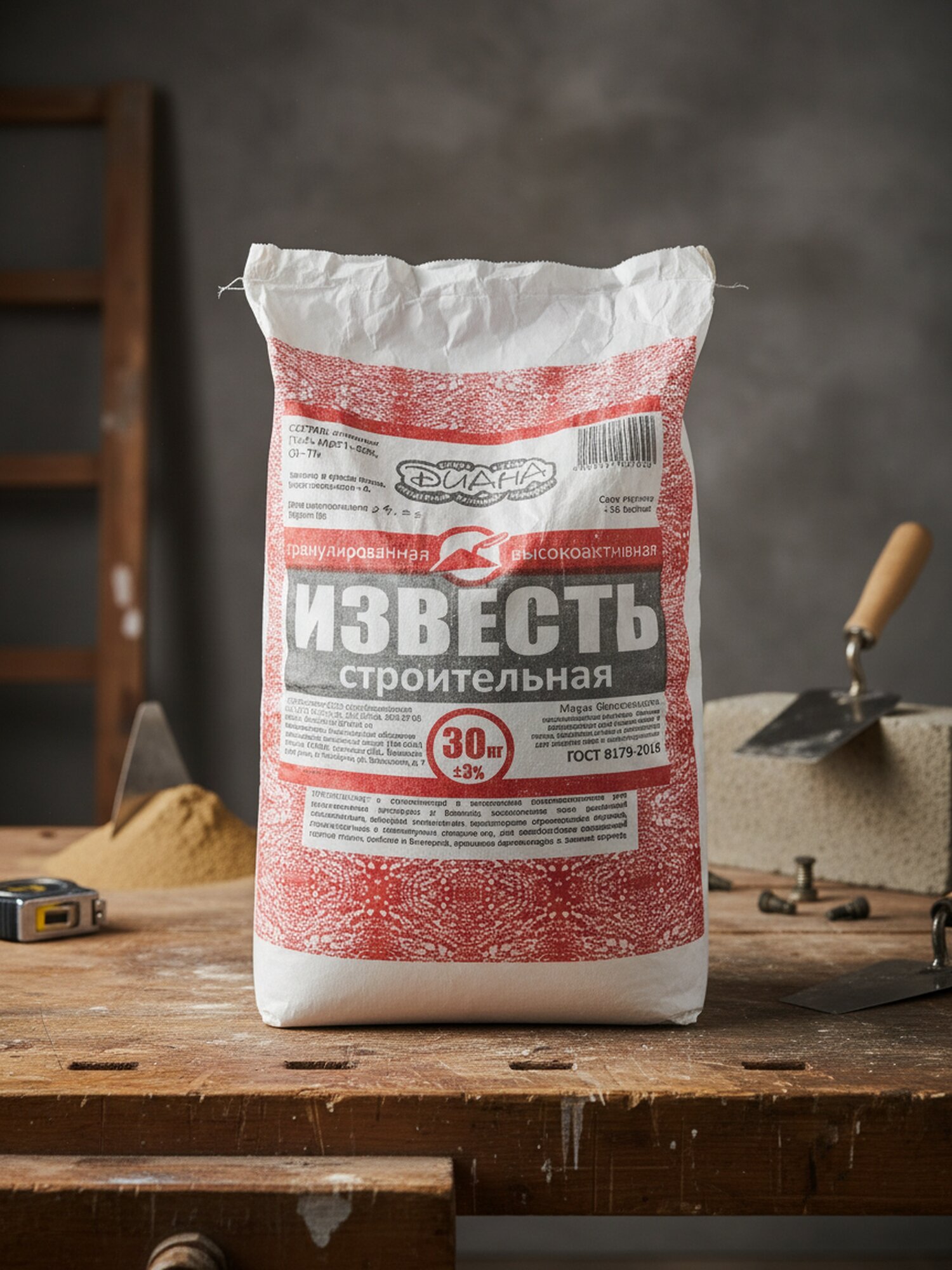 Известь пушонка гашеная, 30 кг, Диана в бумажном пакете упаковка