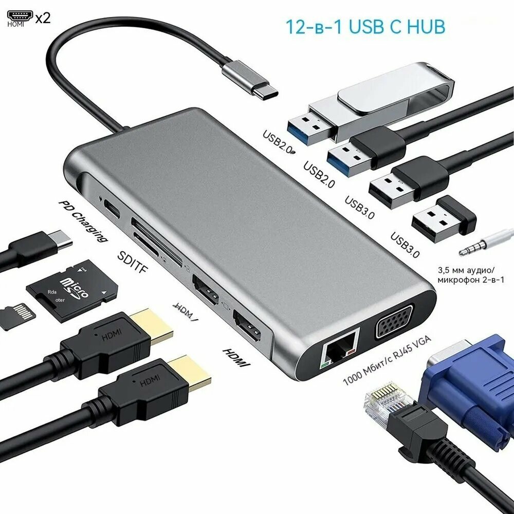 USB-C концентратор 12-в-1 (2x HDMI, VGA, RJ-45, 4x USB 3.0, PD, Audio) для MacBook Pro, ноутбуков Apple, ASUS, Huawei, Acer, Samsung
