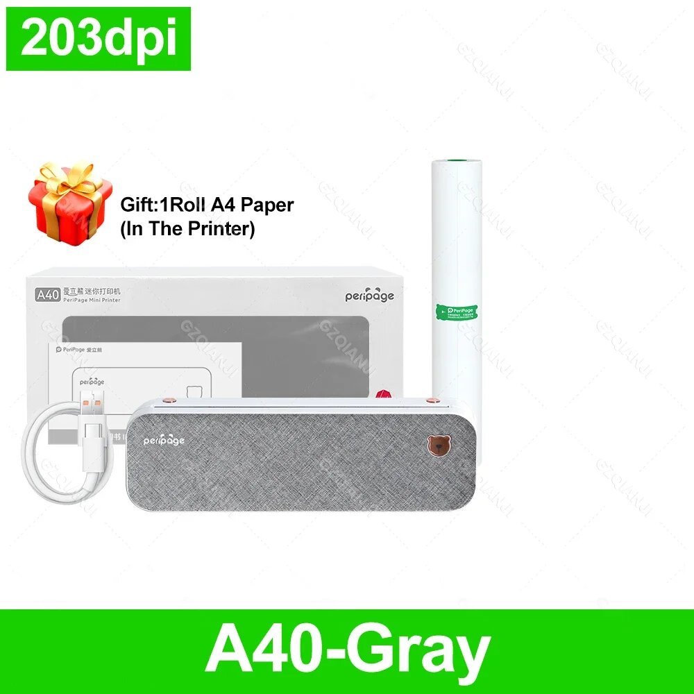 Термопринтер GZQIANJI Peripage A40 Bluetooth Серый, 203dpi Gray