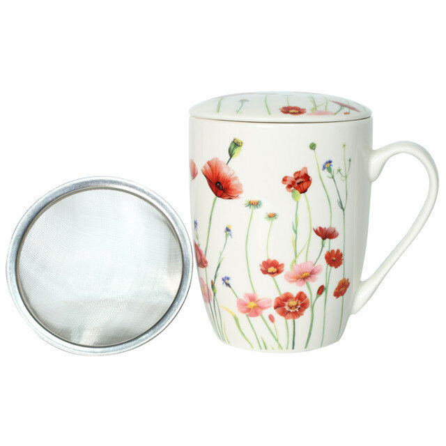 Кружка TODELIA Маки 400мл костяной фарфор с крышкой и фильтром