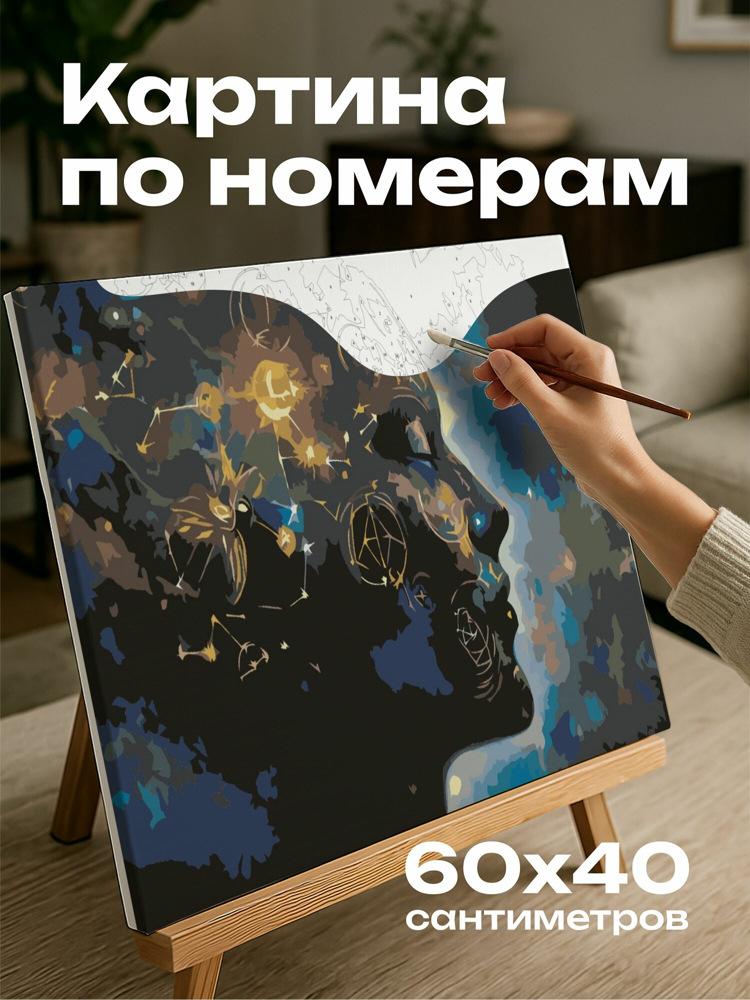Картина по номерам 60x40 см, картина, масло, небесное существо, лицо, символы зодиака, звездное небо, свет, тени