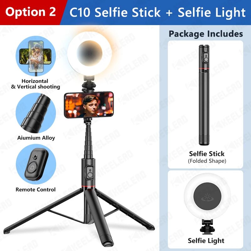 Селфи-палка C10 с подсветкой, Bluetooth, цвет: bracket with light
