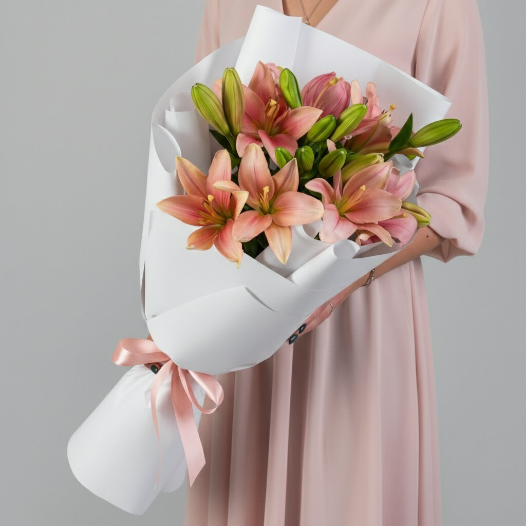 Букет Мегацвет24 "Розовые Лилии", 5 цветов, дизайнерская упаковка