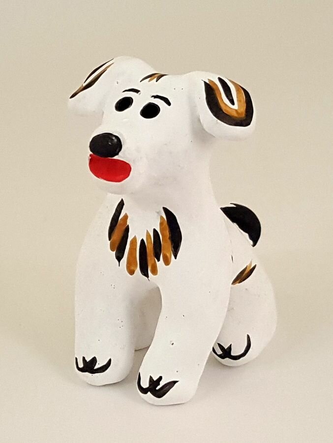 Щенок белый, Каргопольская глиняная игрушка, ручная авторская работа