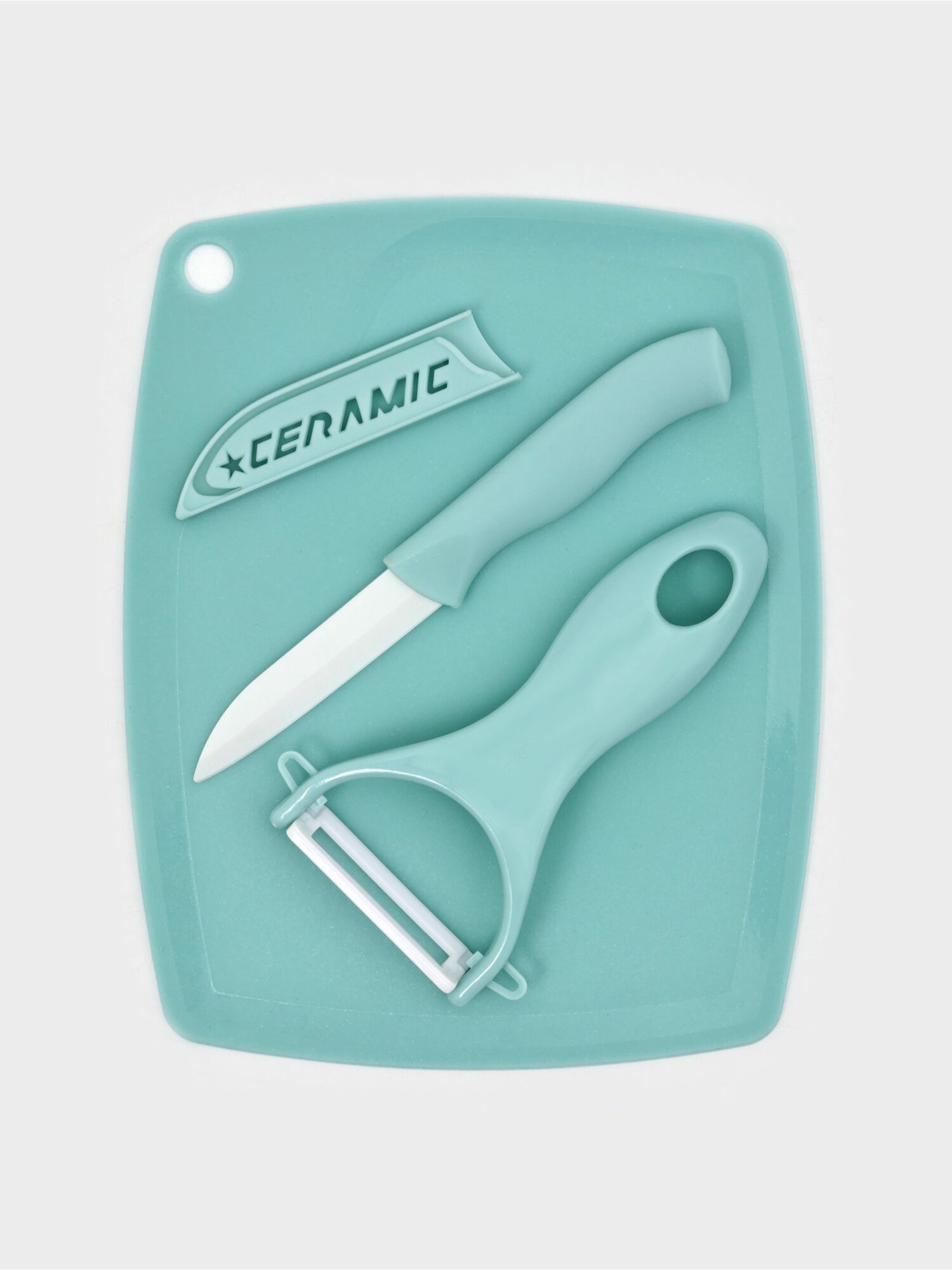 Набор "Керамик", 3 предмета: нож 16 см, овощечистка 12 см, доска 19,5х15,5 см, цвет голубой