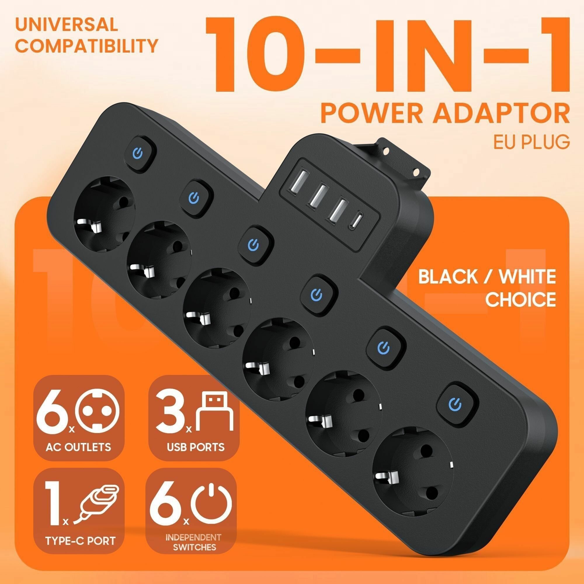 Тройник для розетки, разветвитель на 6 гнезда + 3 USB и 1 TYPE-C, Сетевые фильтры с USB, Независимый переключатель