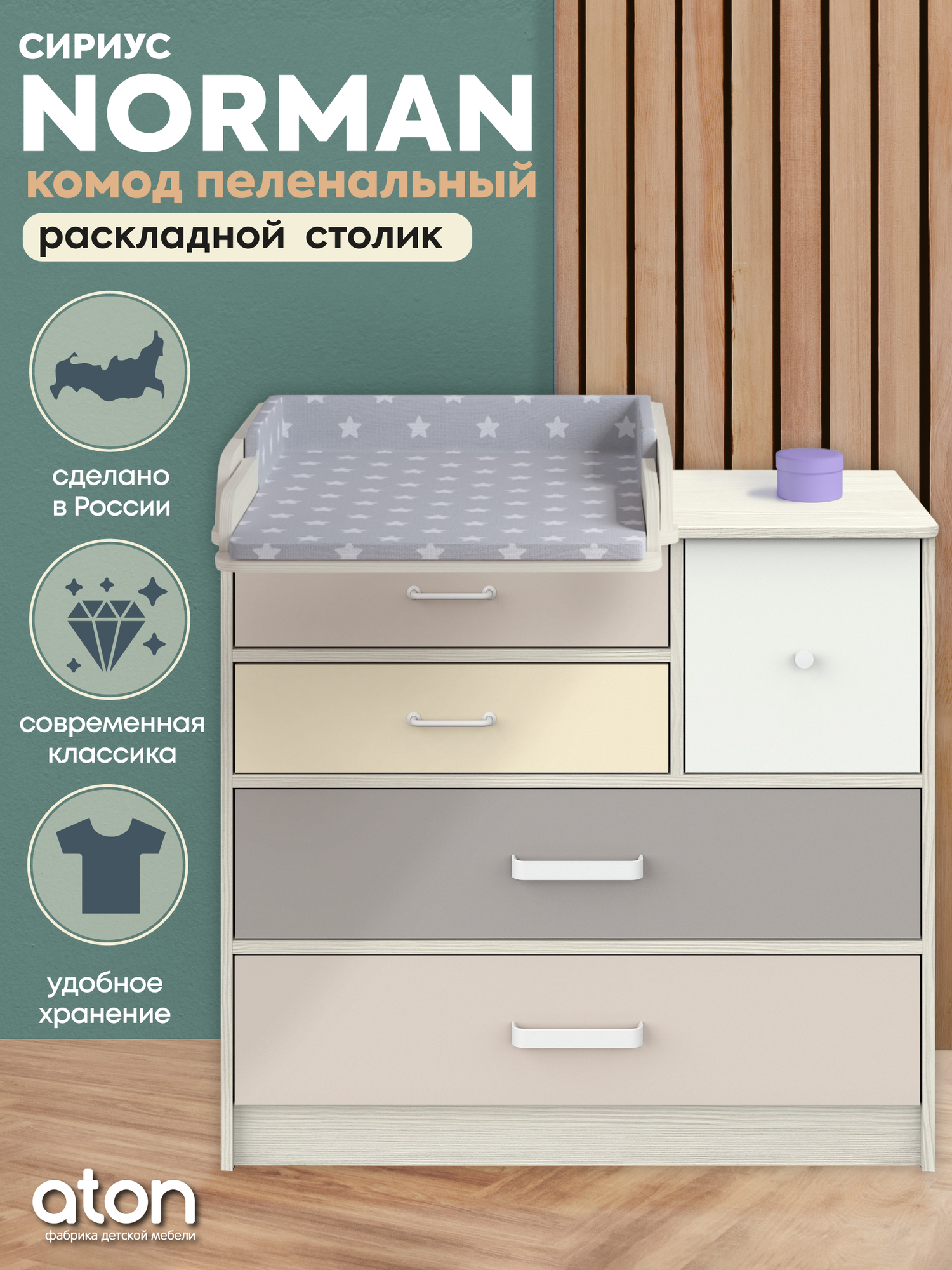 Детский пеленальный комод Атон Сириус Norman 905 с 5 ящиками, ЛДСП, бодега светлый-бежевый