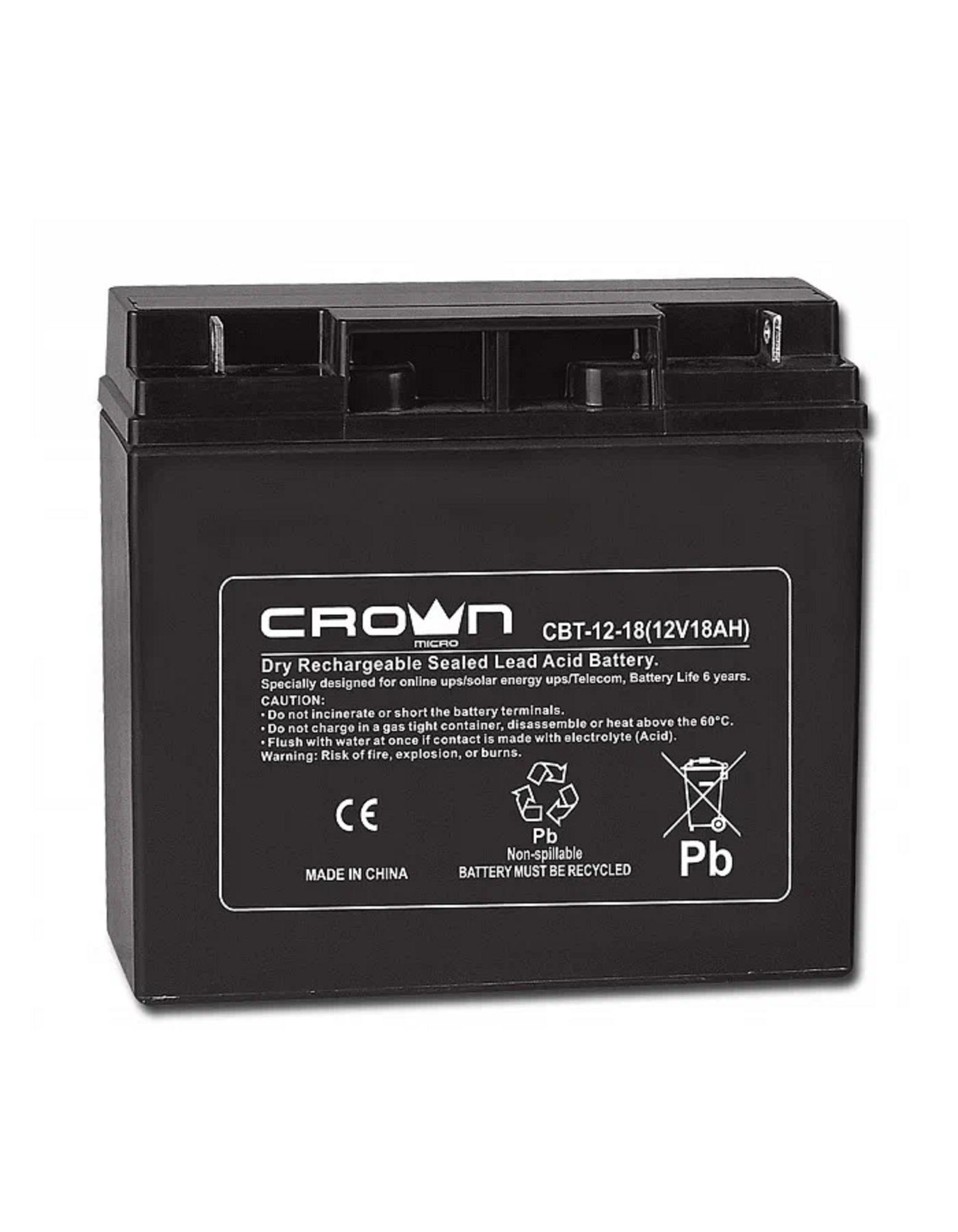 Аккумулятор Crown CBT-12-18 CM000003025 свинцово-кислотный, 12В, 18А/Ч, ABS-пластик, Т5, срок службы 6 лет