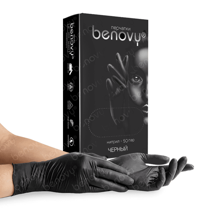 Перчатки Benovy, нитриловые, текстурированные, черные, размер М, 50 пар