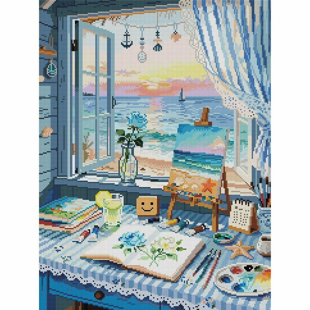 Алмазная картина FOREVERYONG "Летнее Безмятежье у Моря" Холст 45x60 см, Резиновые квадратные + AB + FD алмазы, Для взрослых