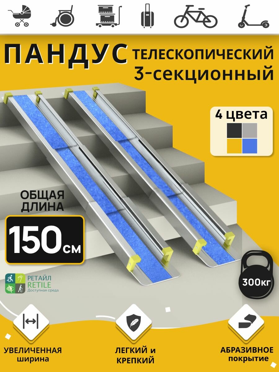 Пандус 150 см телескопический 3-секционный Антислип, синий (рабочая длина 140 см + 2 опор. площадки по 5 см)