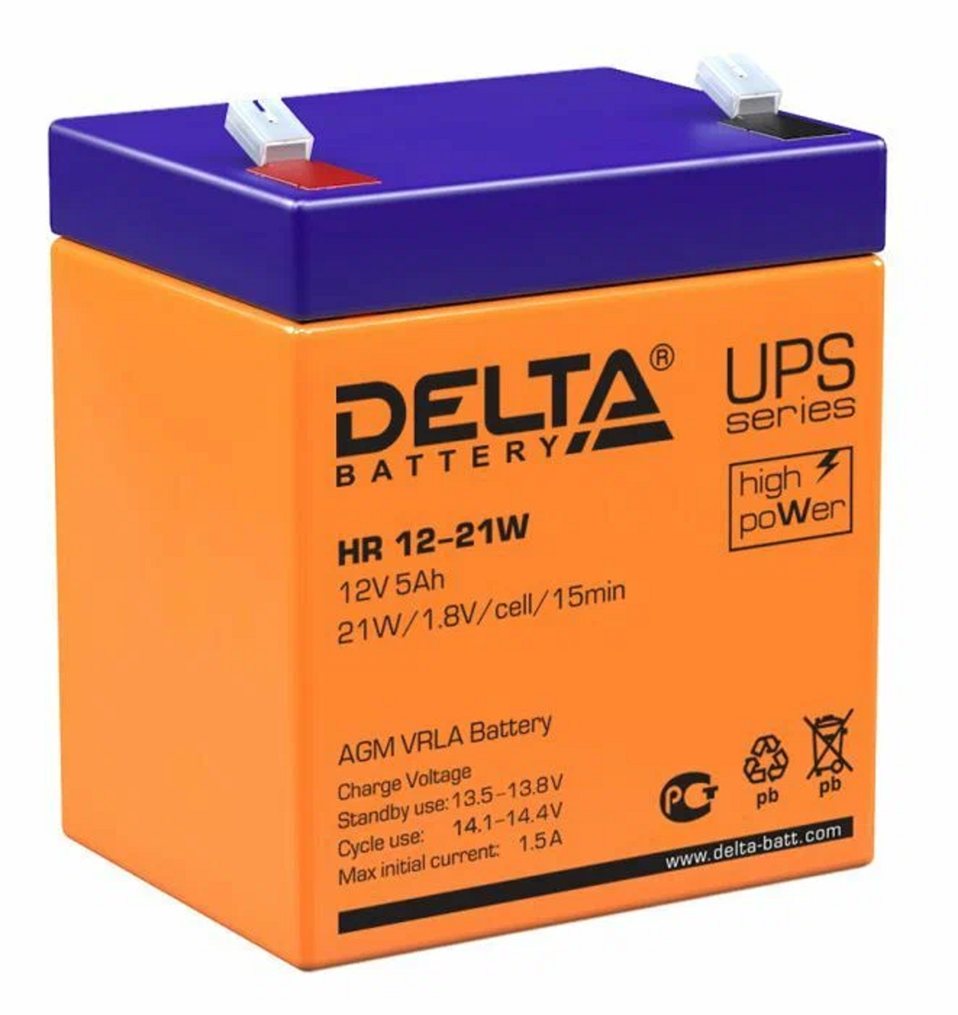 Аккумуляторная батарея DELTA HR 12-21W, 12V, 5Ah, герметичный, AGM, оранжевый