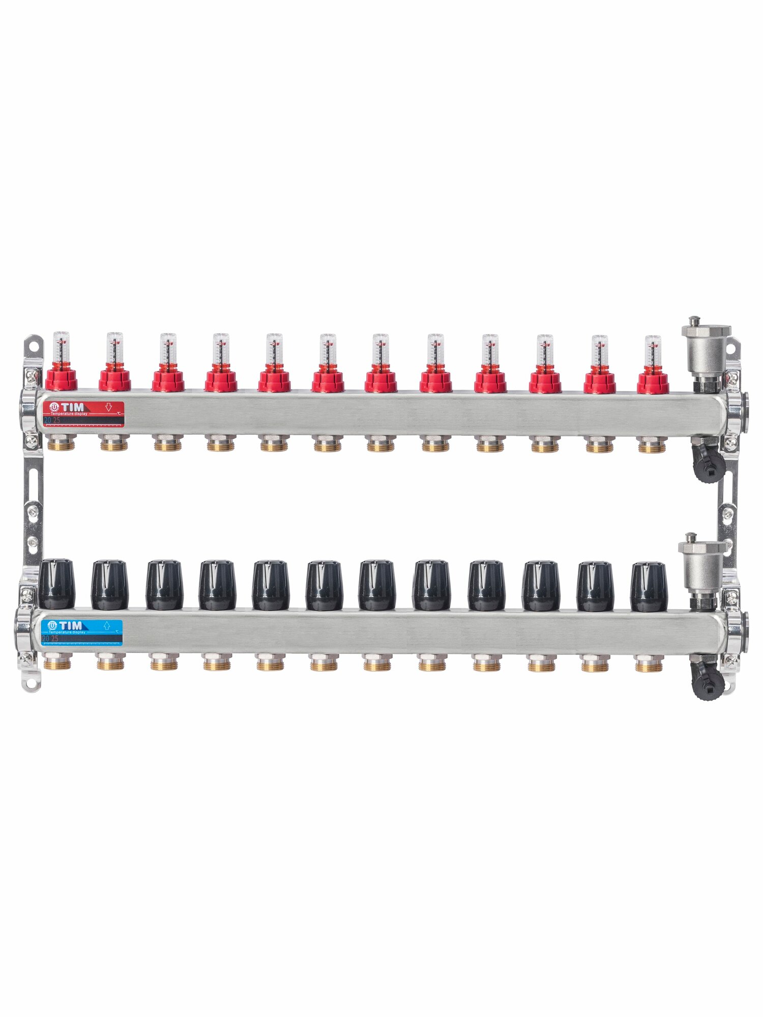 Коллекторная группа 12 контуров с расходомерами 1" * 3/4" E, с дренажными кранами и воздухоотводчиками нерж. сталь, TIM, KCS5012