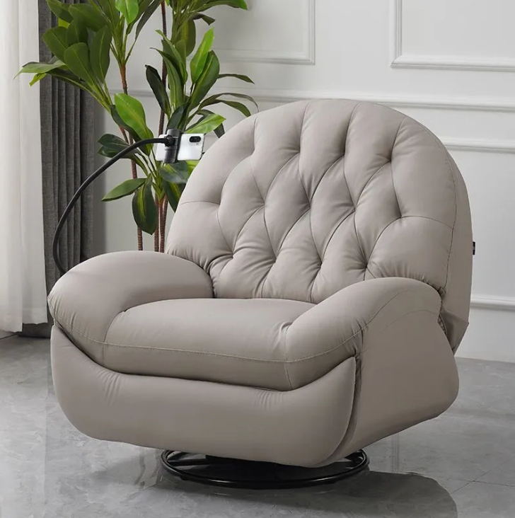 Кресло-реклайнер, экокожа серый, с подлокотниками, механическое, качание и вращение