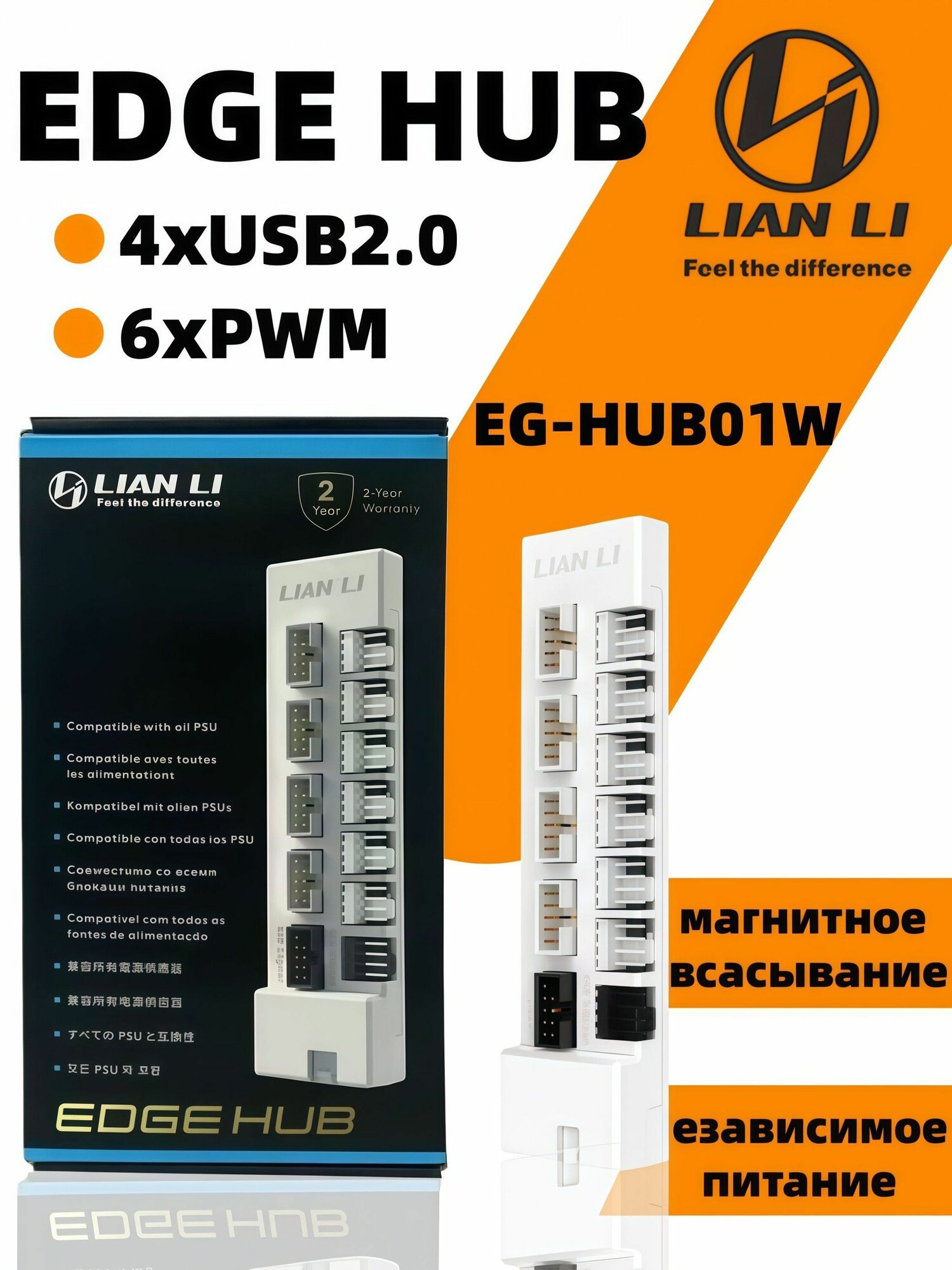Магнитный Хаб-Контроллер LIAN LI EDGE HUB Объединяет 6 PWM/ARGB Вентиляторов и 4 USB 2.0 Порта Центр Управления для Чистой и Упорядоченной Сборки ПК