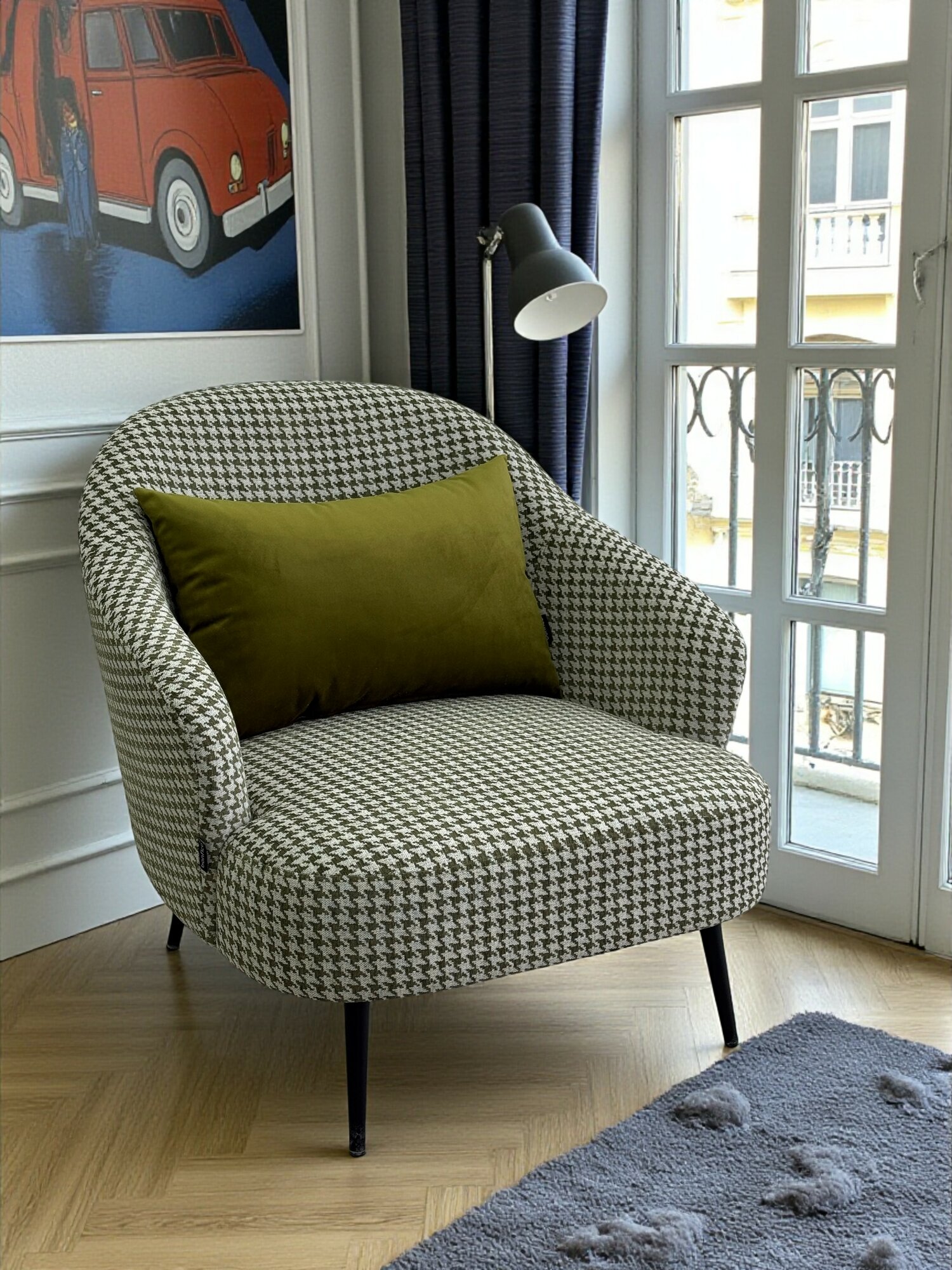 Кресло классическое Леон, для дома и отдыха, принт гусиная лапка, зеленый