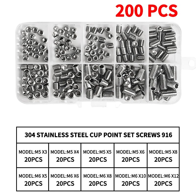 Ассортимент винтов DIN916 из нержавеющей стали 304 М3-М10 Cup Point-200pcs