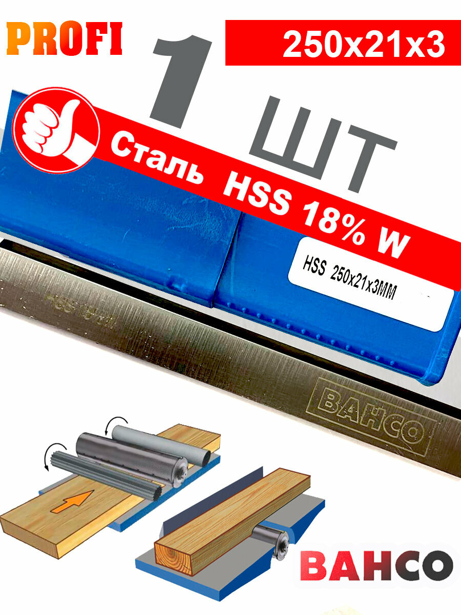 Нож строгальный BAHCO PROFI HSS 18%W (Р18) 250х21х3 1 шт для фуганка, рейсмуса и электрорубанка