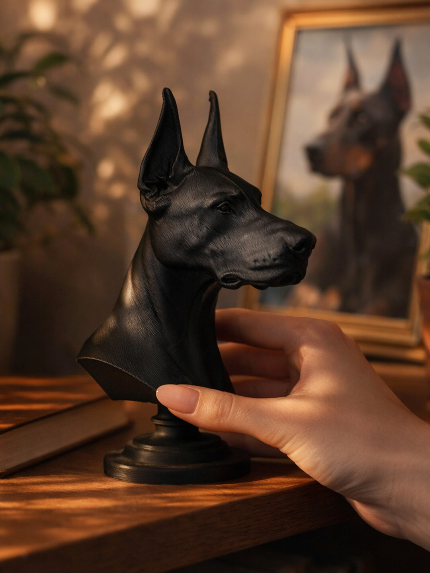 Статуэтка бюст собаки (Доберман). Декоративная фигурка для интерьера. Чёрная. 14см