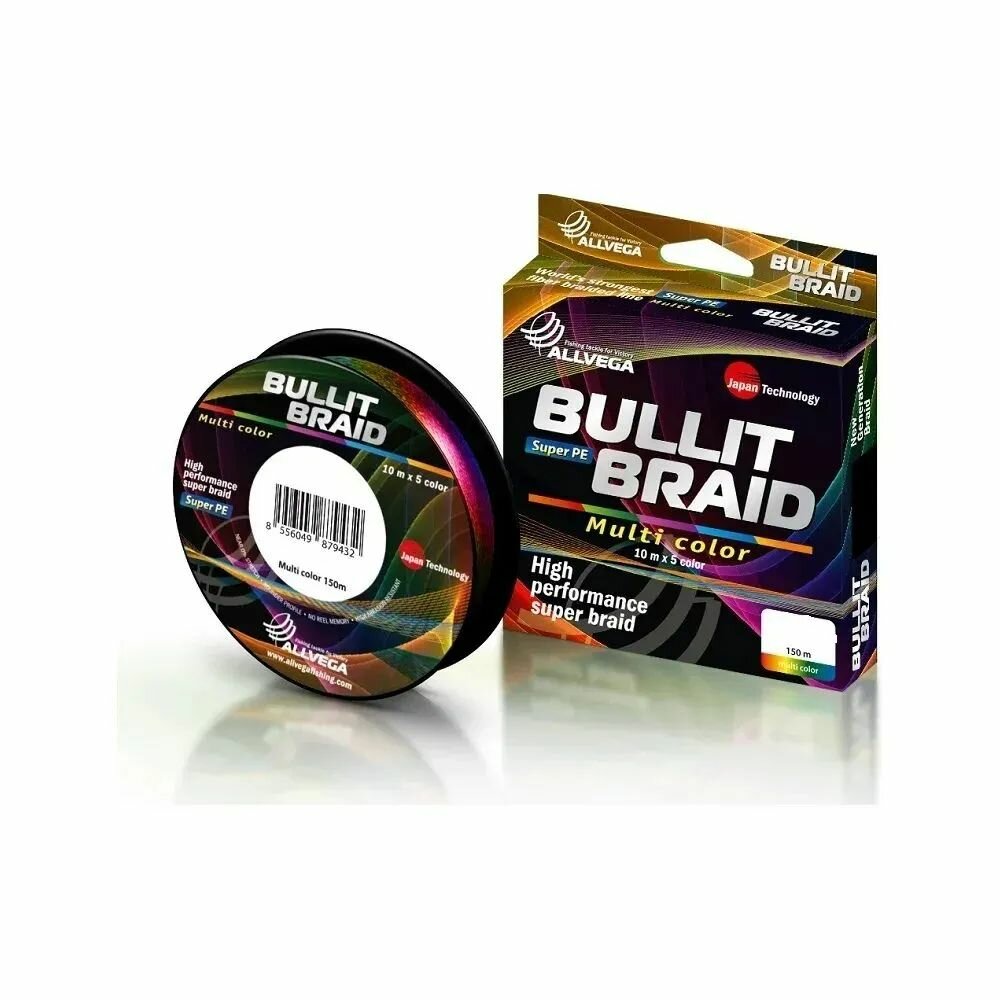 Шнур Bullit Braid Allvega, четырехжильная, длина 150м, диаметр 0,14мм, вес 8.4 кг, цвети Разноцветная 10мх5 расвцветок