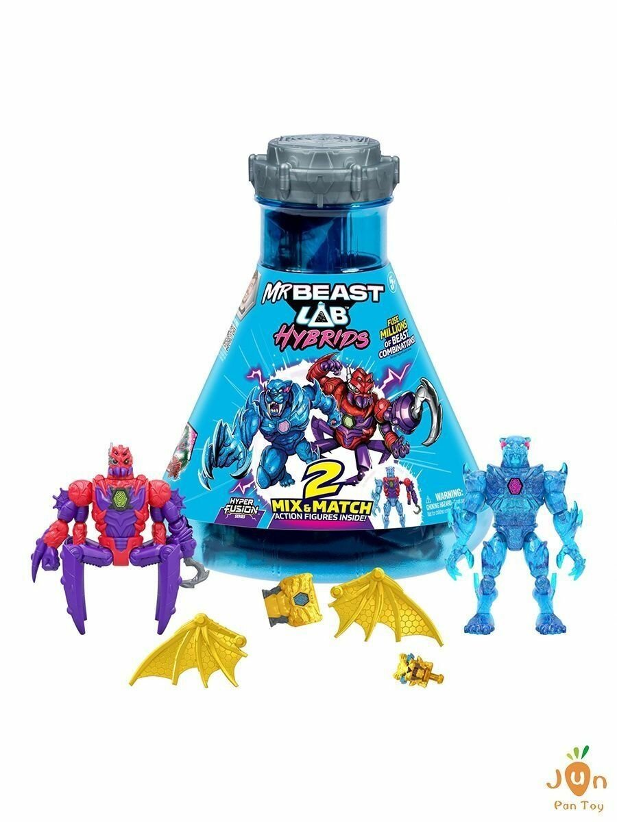 MrBeast Lab Hybrids 2 Pack - Spider vs Energy Panther / детские игрушки, Звериная лаборатория, включающая две фигурки и аксессуары, для сборки
