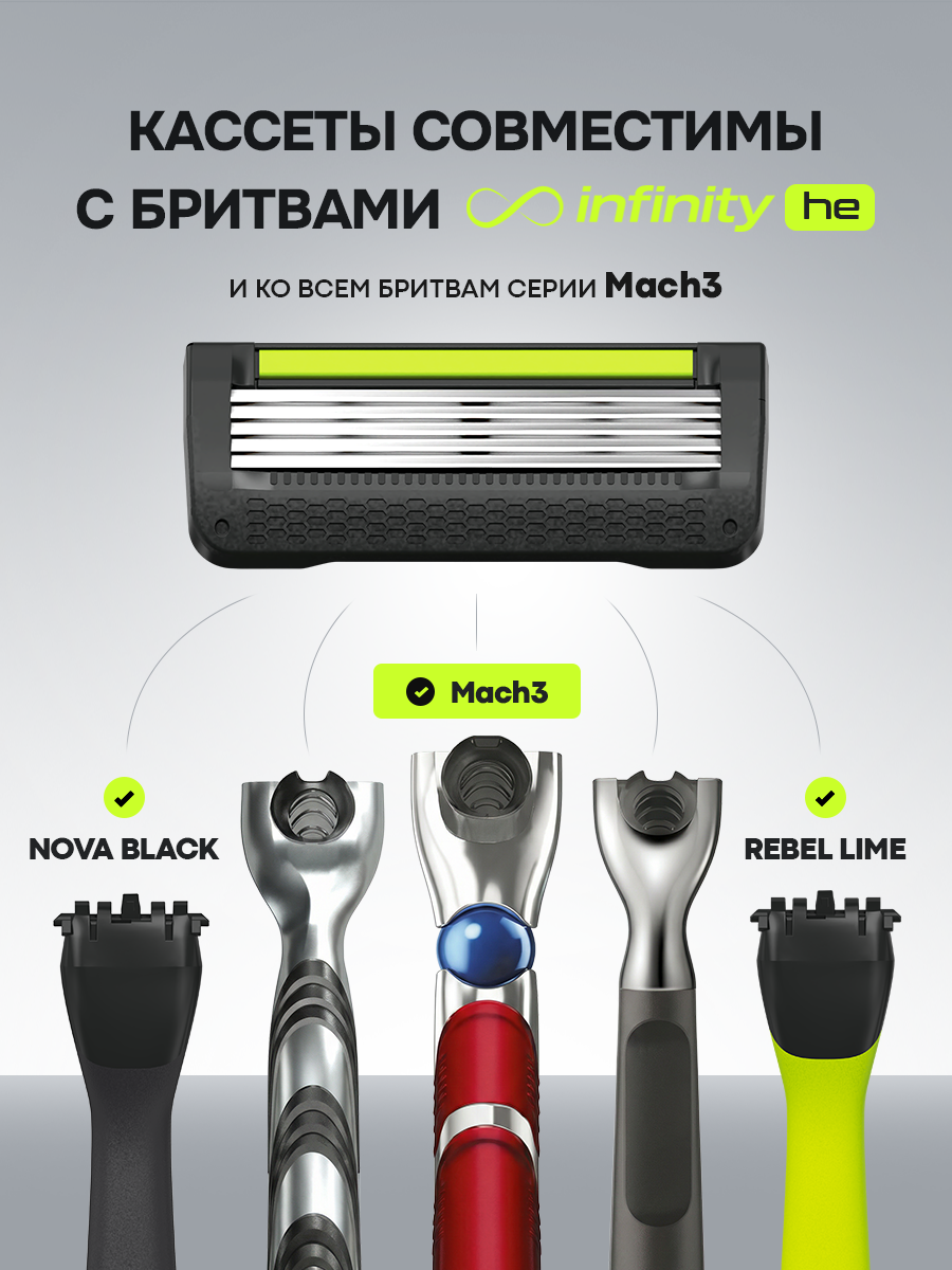Кассеты Infinity LIME and BLACK, нержавеющая сталь, 2 шт, с плавающей головкой совместимы с mach 3 gillette