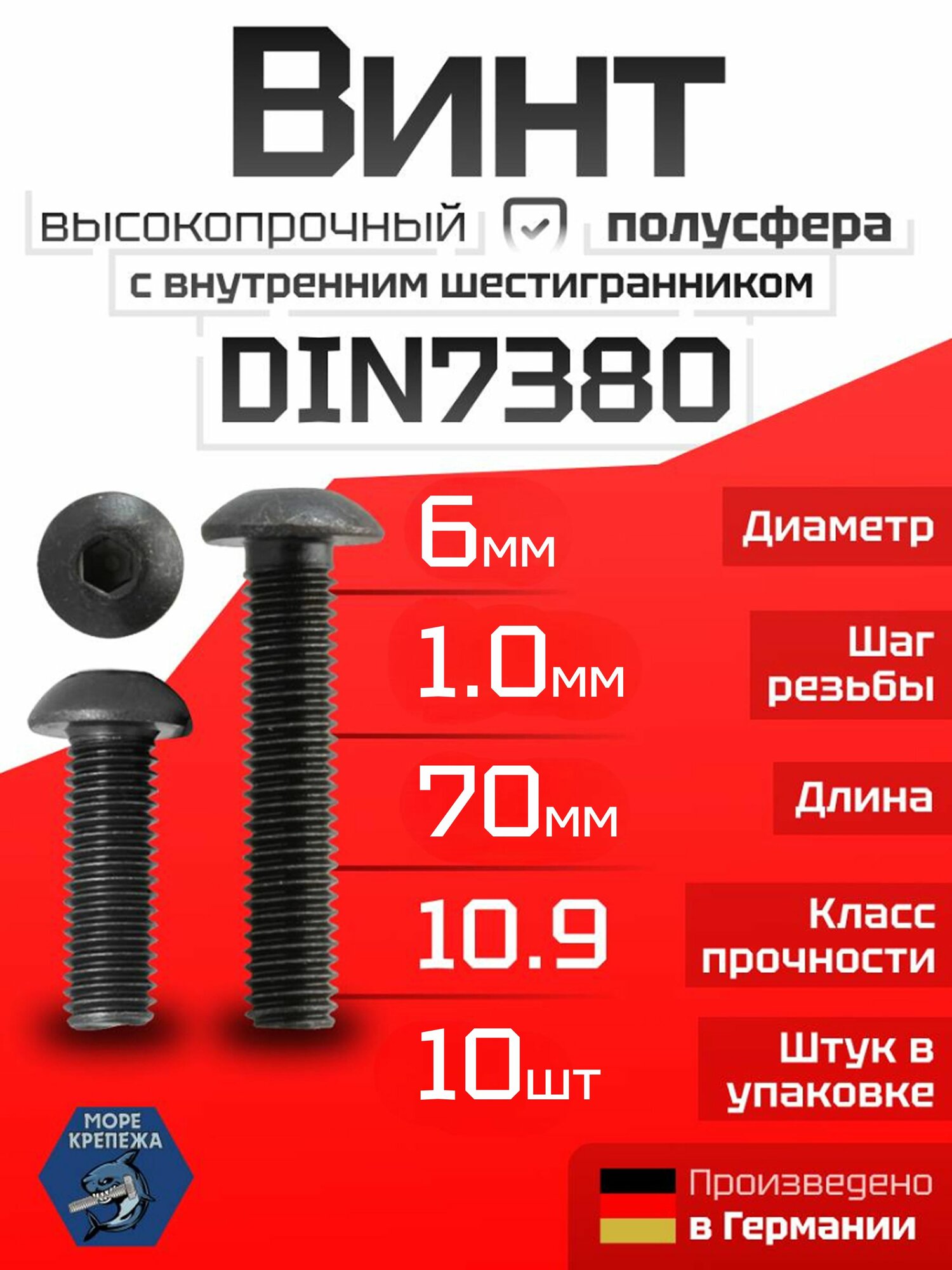 Винт М6 х 70 DIN 7380 (ISO 7380) с полукруглой головкой (полусфера), 10 шт