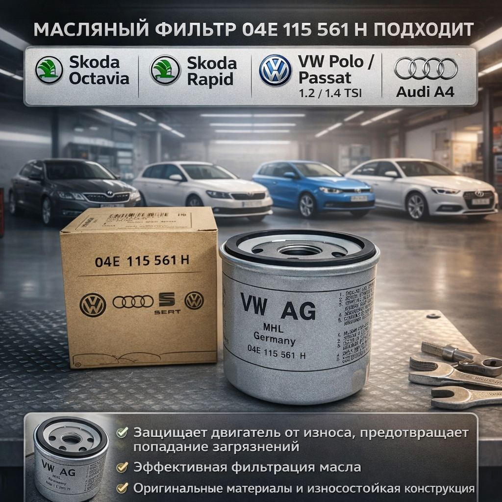 Фильтр масляный 04E115561H подходит: Skoda Octavia/Rapid, Audi A4, VW Polo/Passat 1.2/1.4 TSI