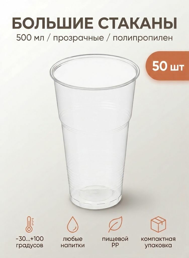 Пластиковые стаканы одноразовые 500мл, 50 штук, прозрачные, полипропилен, для холодных и горячих напитков
