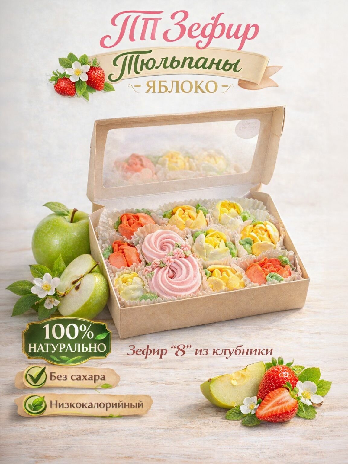 Зефир без сахара ПП, зефирные тюльпаны яблоко и клубника, в коробке 12х20 см, подарок