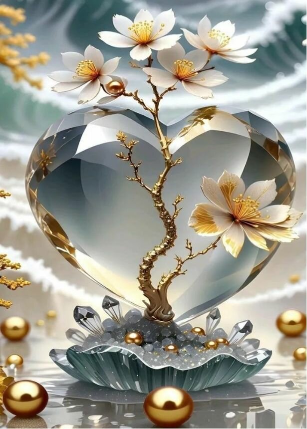 Алмазная мозаика 40x50 см. BoomBoomShop "Сердце с золотым деревом и кристаллами"