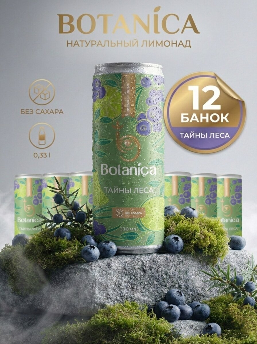 Лимонад Botanica "Черника, Можжевельник, Лайм", без сахара, натуральный, 0,33 л