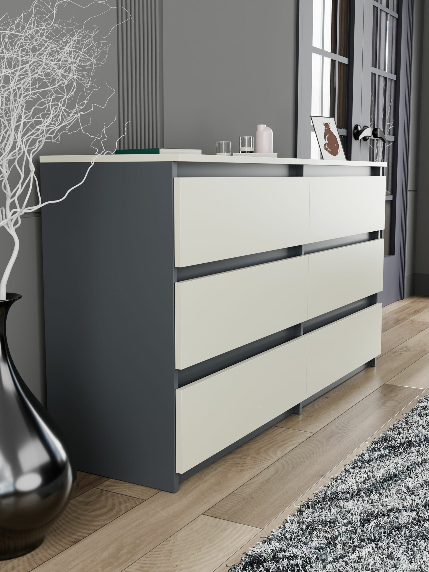 Комод для белья и одежды орлан 6 ящиков, 140х76.4х40 см, графит/бежевый кашемир