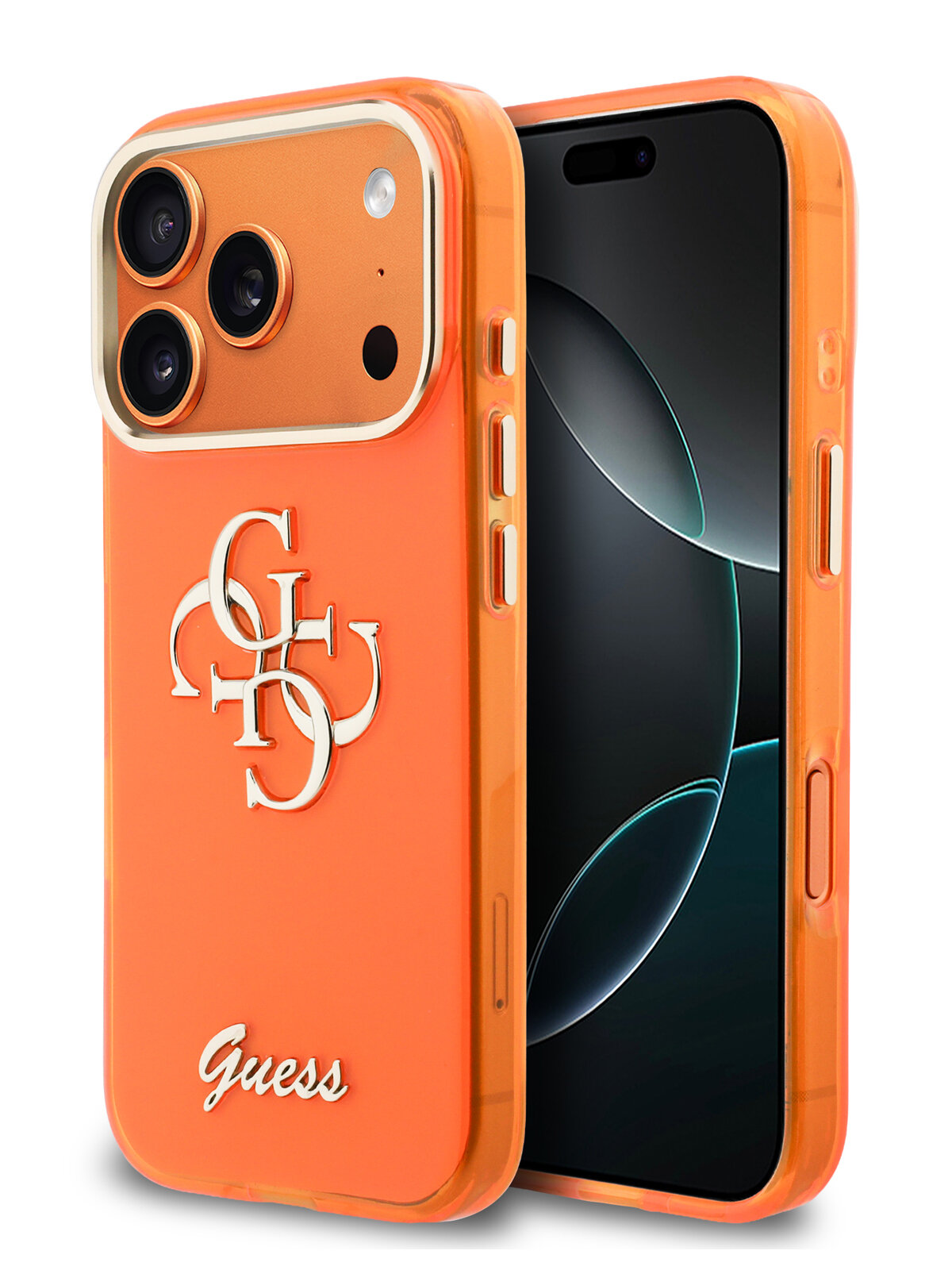 Чехол Guess на iPhone 17 Pro Max, с принтом чехол IML Design, с защитной рамкой вокруг камеры, оранжевый