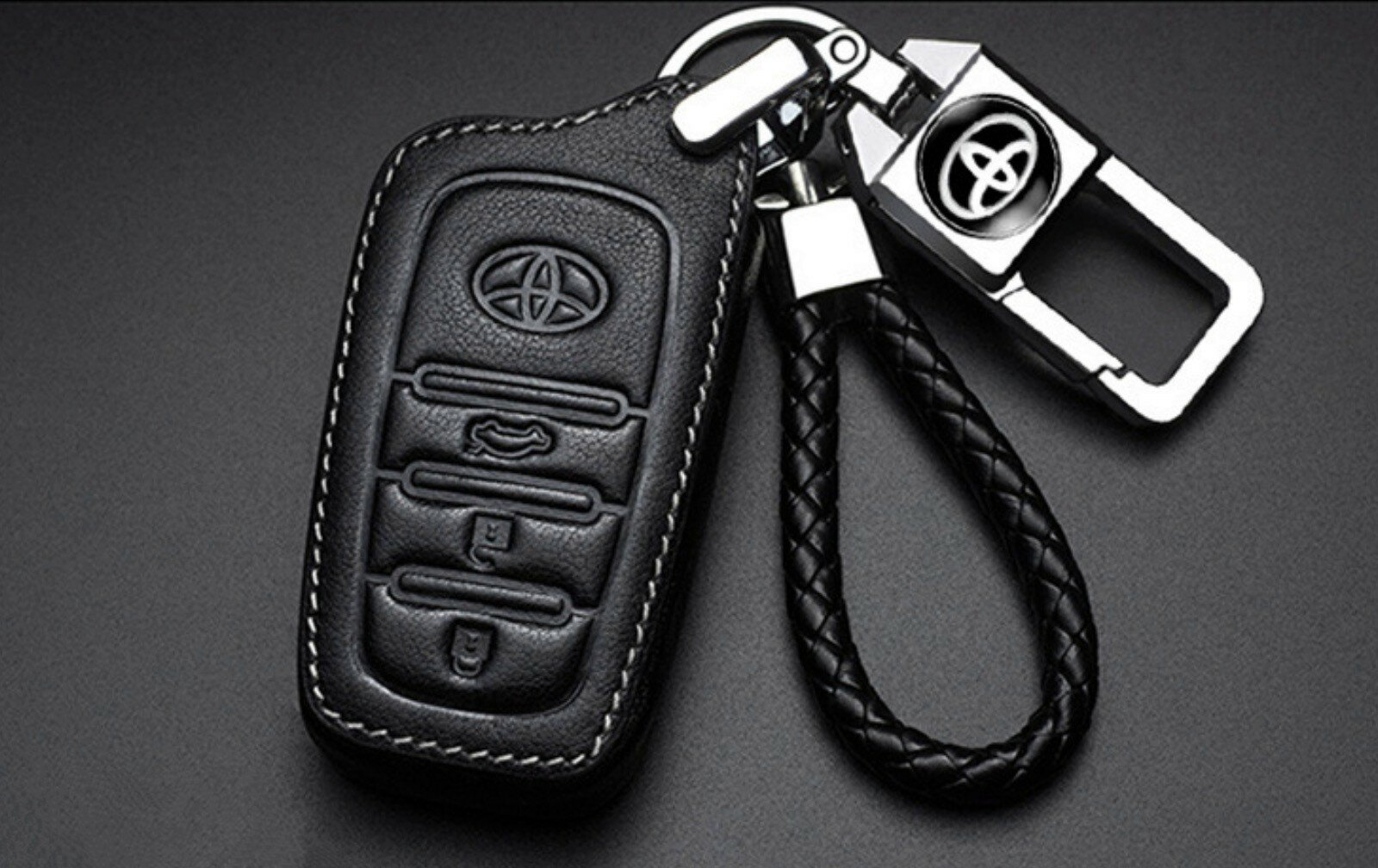 Кожаный защитный чехол MyPads для ключа Toyota с 3 кнопками, черный с тиснением