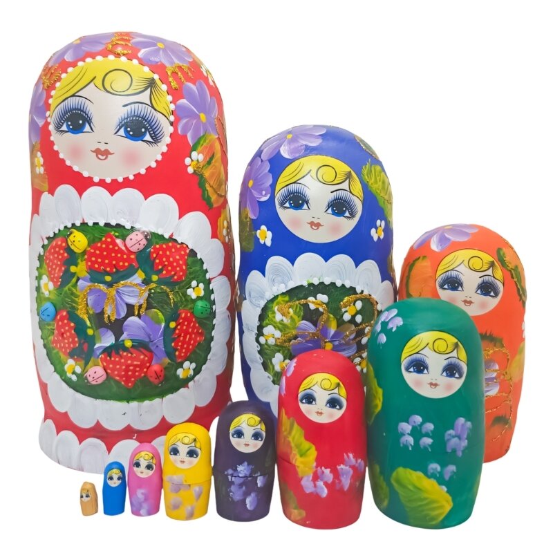 10-Слойные Русские Матрешки Ручной Росписи, Деревянные Обучающие Штабелирующие Игрушки для Детей, Художественная Забавная Клубничная Тематика