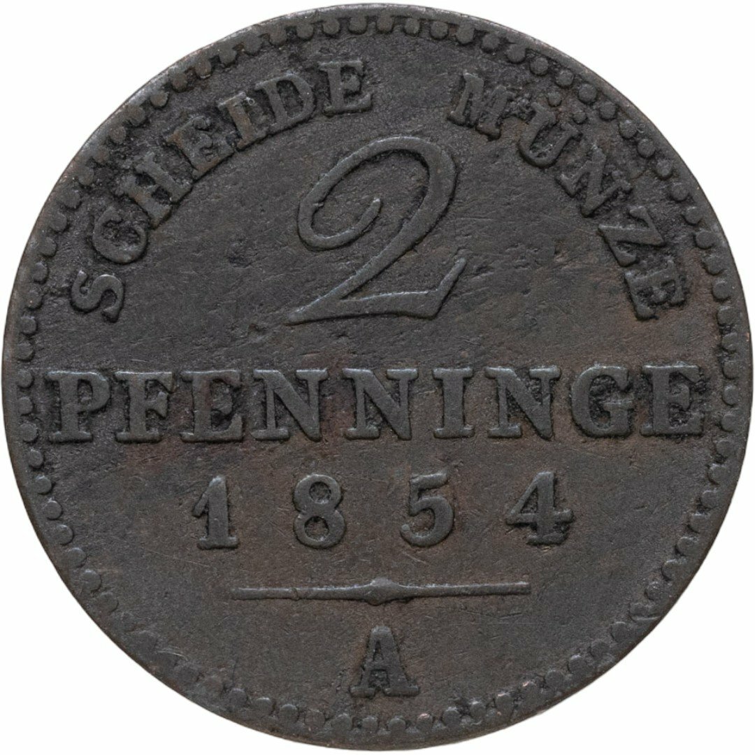 Пруссия 2 пфеннига 1854 А, Медь, в сохранности VF
