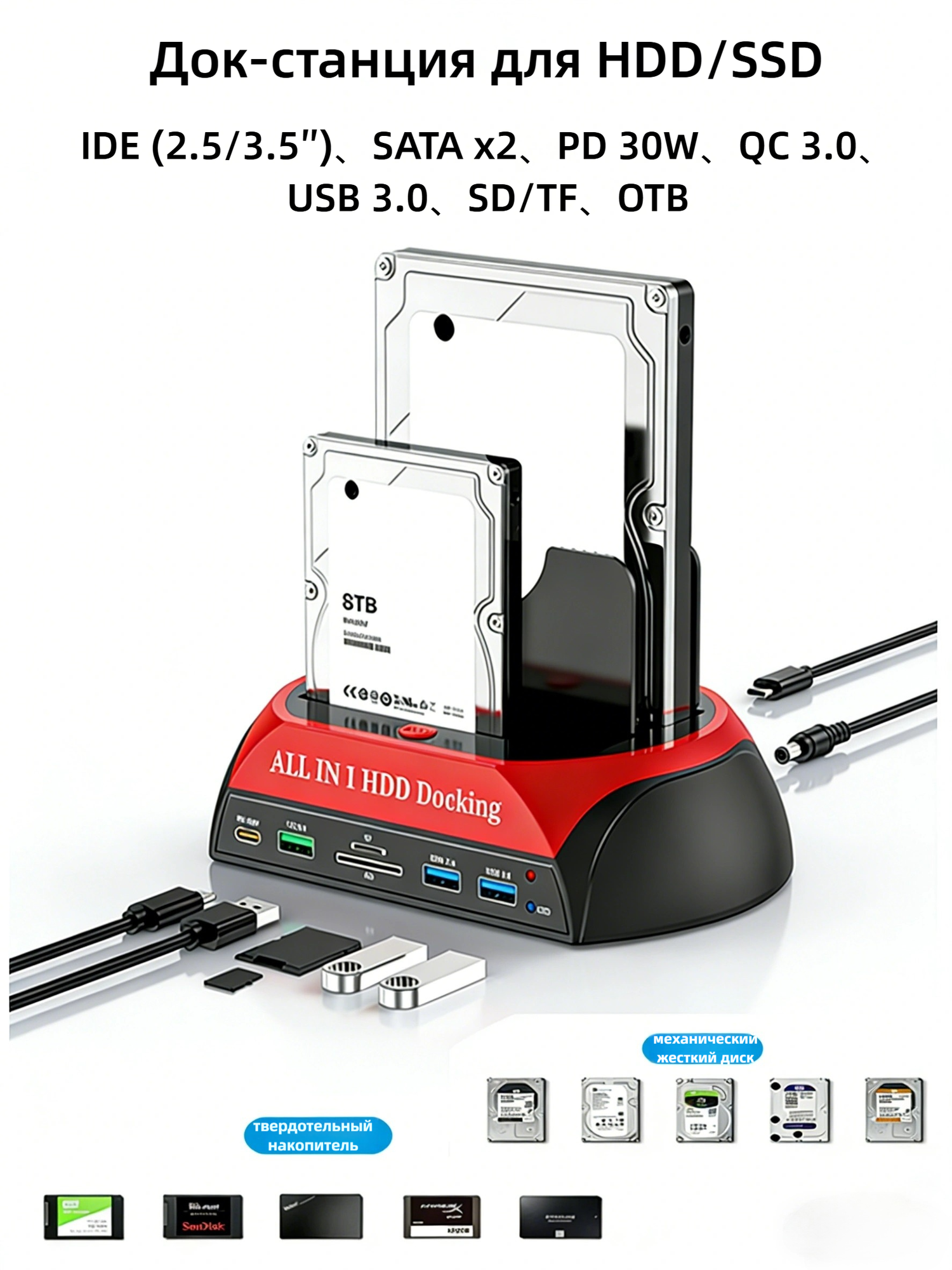 Многофункциональная док-станция для HDD/SSD 2.5/3.5″ SATA/IDE с быстрой зарядкой PD 30W+QC 3.0