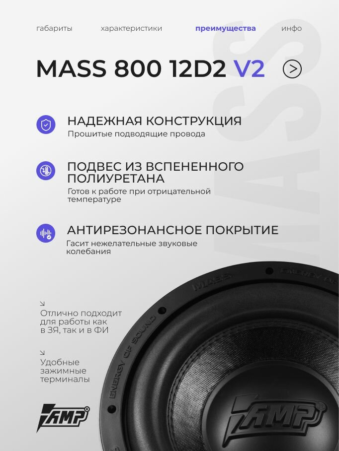 Автомобильный сабвуфер AMP MASS 800 12D2 V2 — фото 1