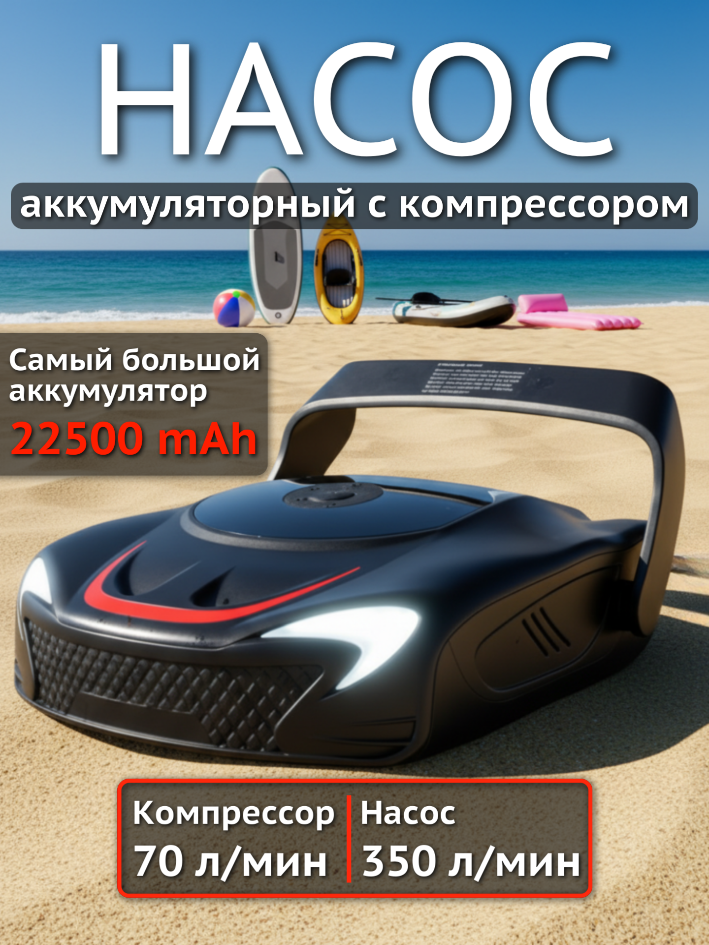 Насос компрессор аккумуляторный для сапборда, лодки ПВХ, сапа, 22500 mAh
