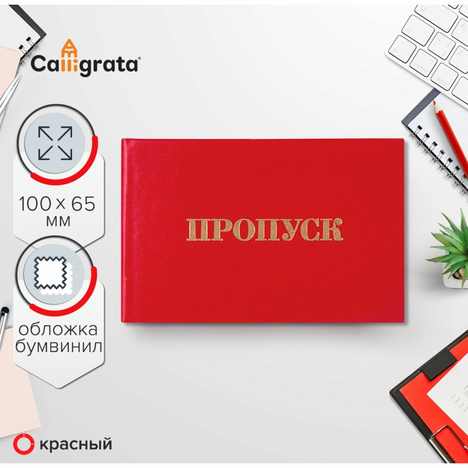 Пропуск 100x65 мм, жёсткая обложка, бумвинил, красный, тип скрепления: сшивной, 10 шт.