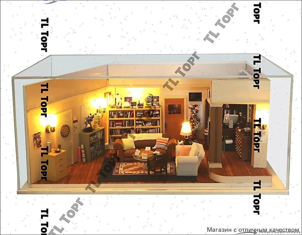 Интерьерный конструктор, румбокс, "Квартира Шелдона" из сериала "Теория большого взрыва", миниатюра DIY House, новогодний подарок