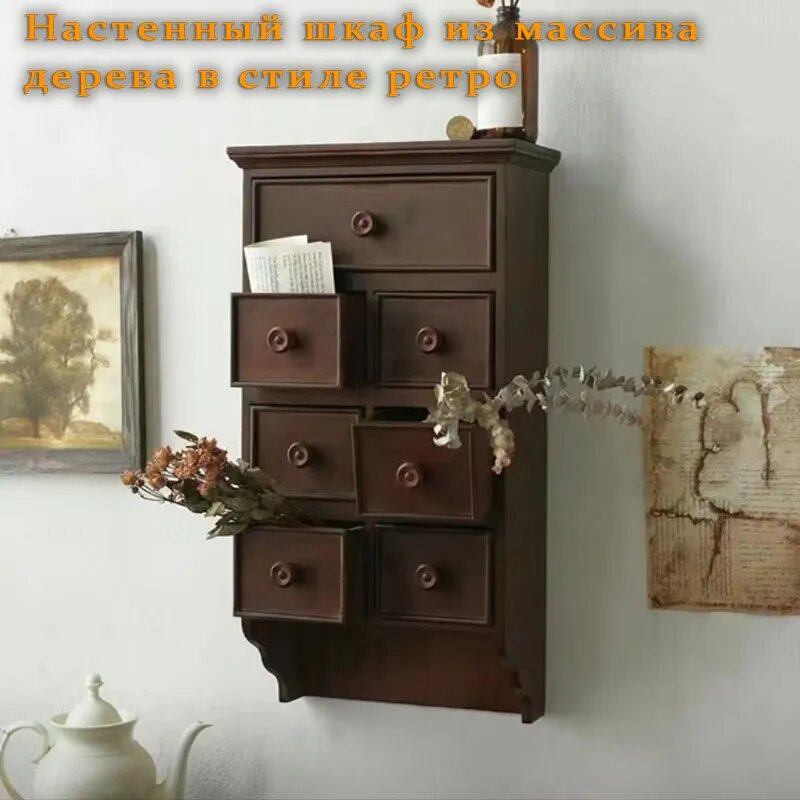Настенный ретро-шкаф из массива дерева 17.5х34х64 см для дачи коричневого цвета