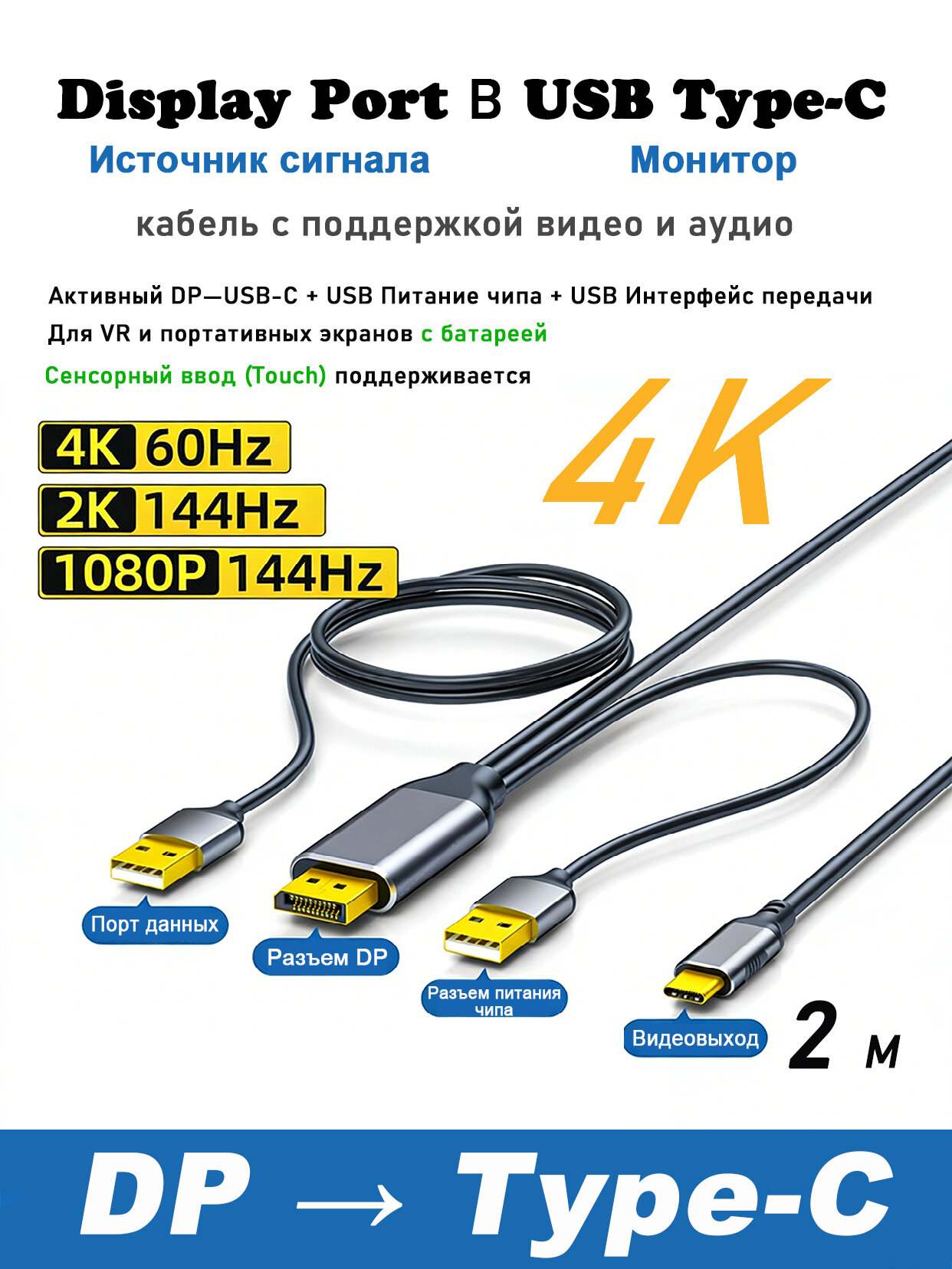 Активный кабель DisplayPort Type C 4K 60Hz с Touch и питанием для портативного монитора