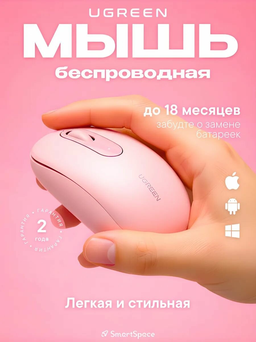 Беспроводная компьютерная мышь UGREEN MU105 2.4G Wireless Mouse. Цвет: вишнево-розовый