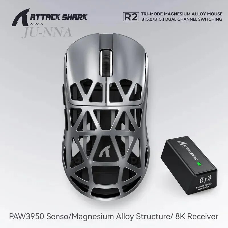 Беспроводная мышь Attack Shark R2 Magnesium Alloy, серая, белая, игровая, для правой руки, Bluetooth, Wi-Fi