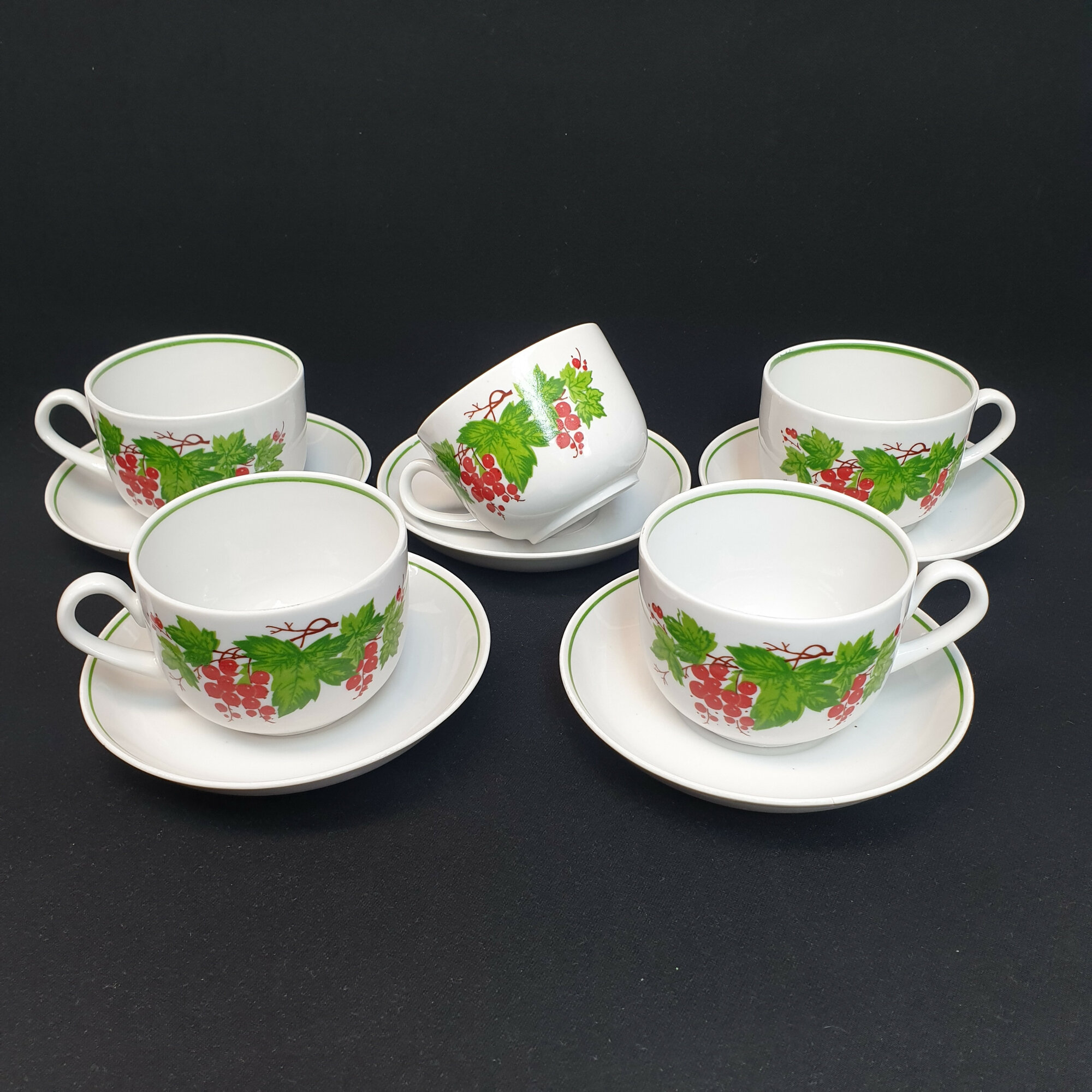 Винтажный набор чайных пар 5 шт, Вербилки, фарфор, деколь, 250 мл, СССР.