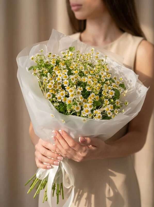 Букет ромашек "Летний", на стеблях, под ленту, для разных поводов, белый