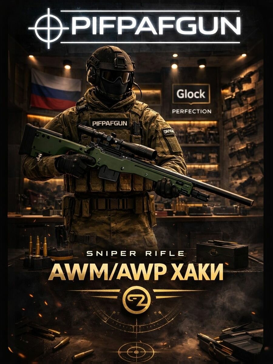 Игрушечная снайперская винтовка AWM/AWP хаки 1:1, EVA дротики, болтовой взвод, выброс гильз, оптический прицел, складной приклад, магазин 5, 11+